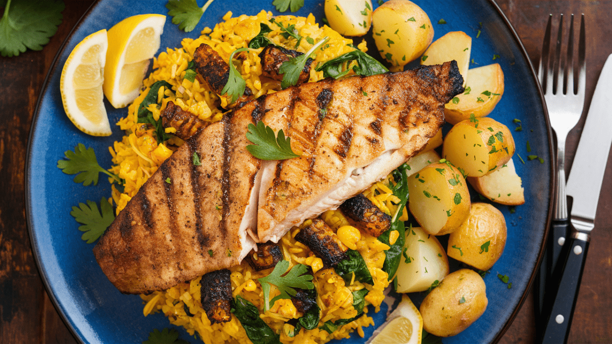 Smoked Basa Recipe with Sweetcorn Pilau and Garlic Potatoes - Great ...
